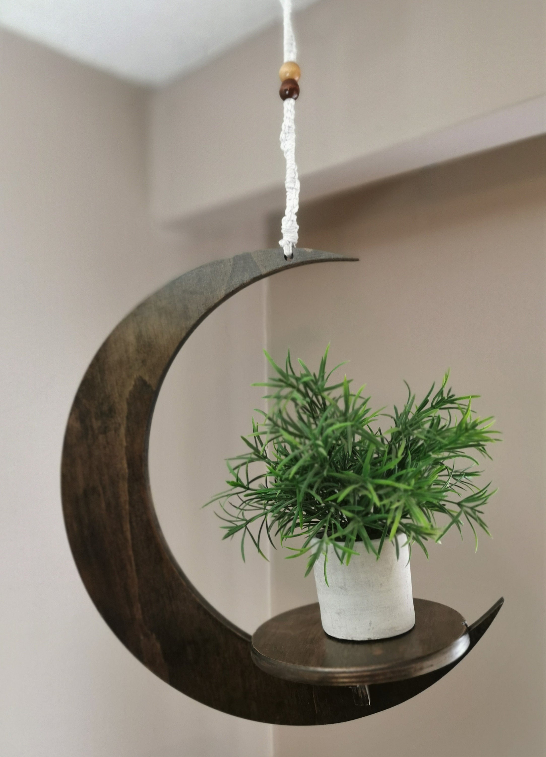 Moon Plant Hanger, Boho Wood Plant Hanger, Hanging Planter, Macrame ...