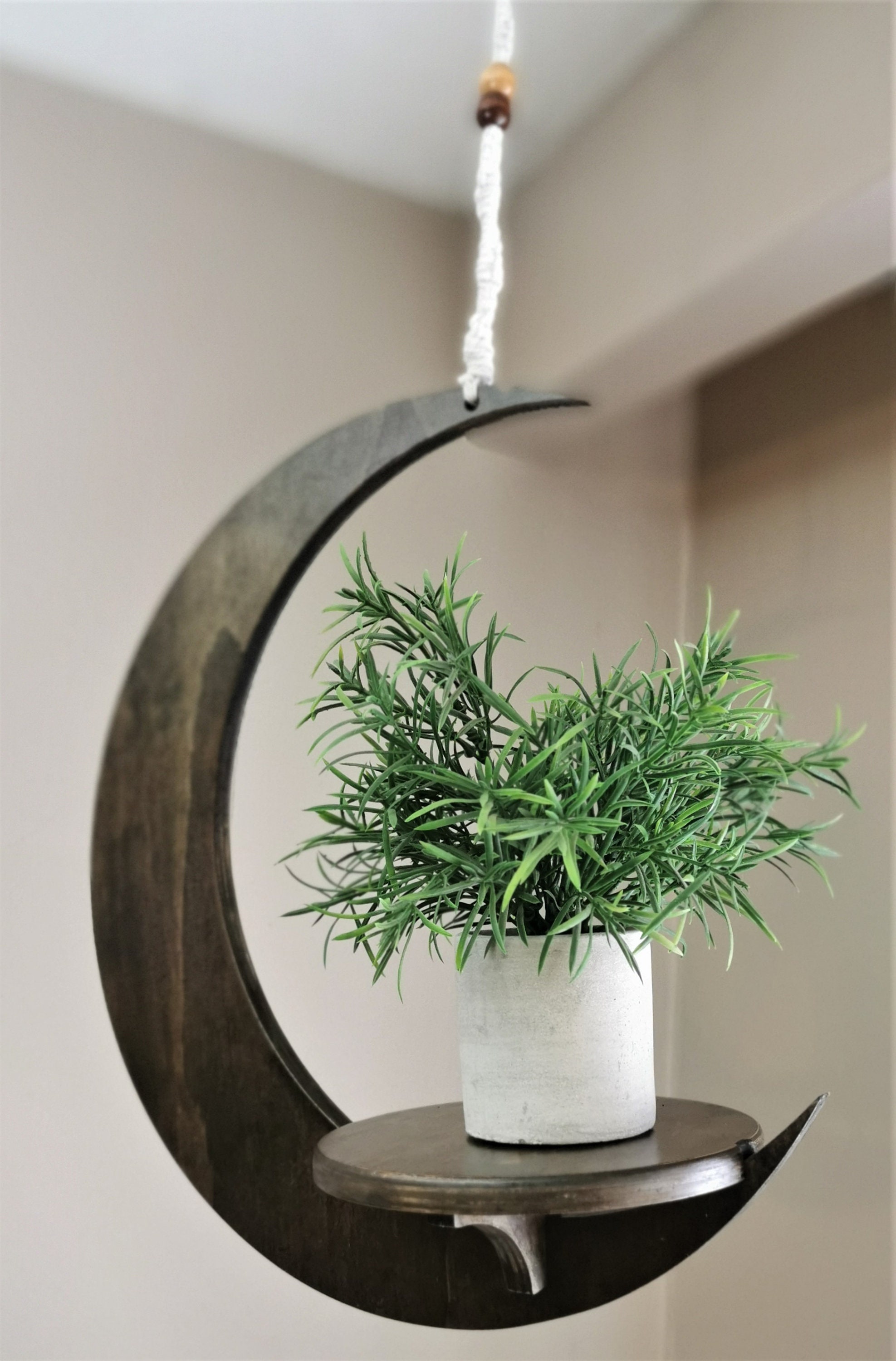 Moon Plant Hanger, Boho Wood Plant Hanger, Hanging Planter, Macrame ...