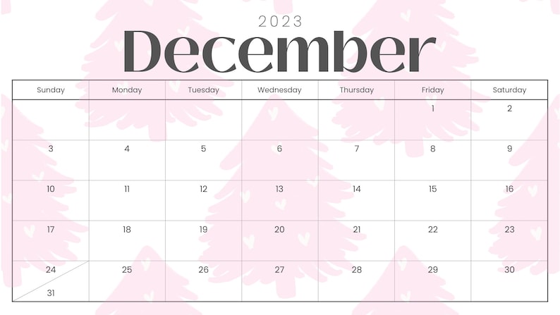 Editable December 2023 Calendar Digital Download Editable and PDF Pink ...