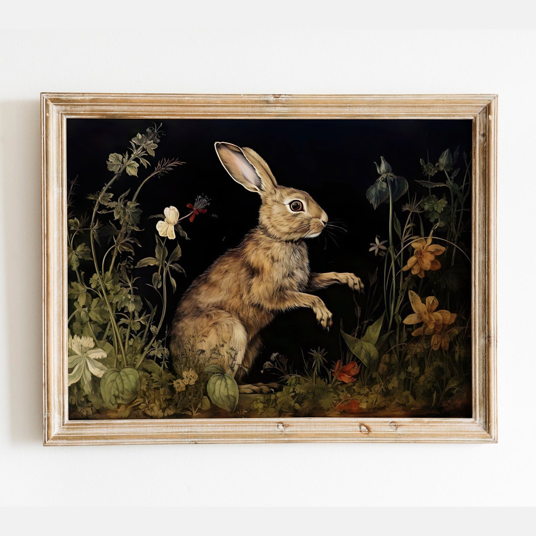 Vintage Rabbit Painting, Antique Bunny Print, Easter Wall Art, Rustic ...