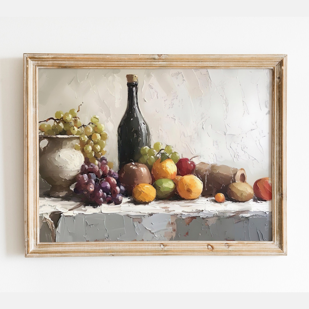 Vintage Still Life Painting, Kitchen Still Life Print, Fruits and Wine ...