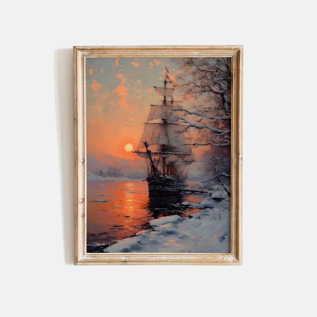 Sailing Ship in the Snow, Snow Scene Print, Winter Sunset Wall Art ...