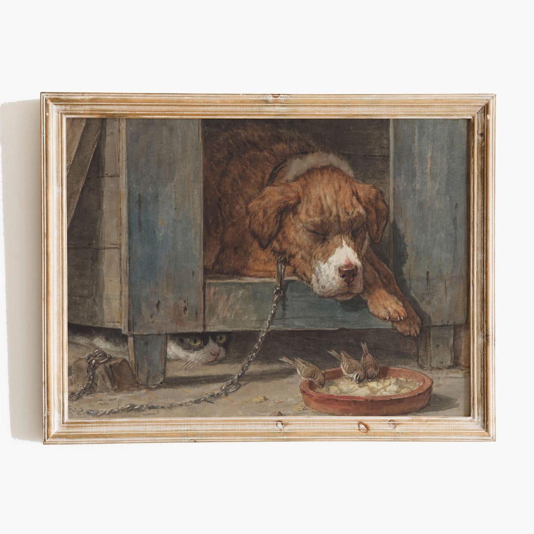 Antique Dog Painting, Vintage Dog House Scene, Dog Lovers Cat Lovers ...