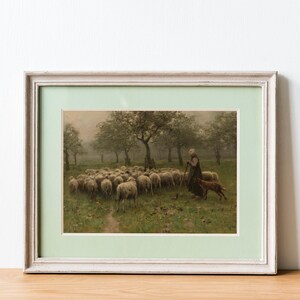Shepherdess Painting, Farm Animal Print, Vintage Sheep Painting ...