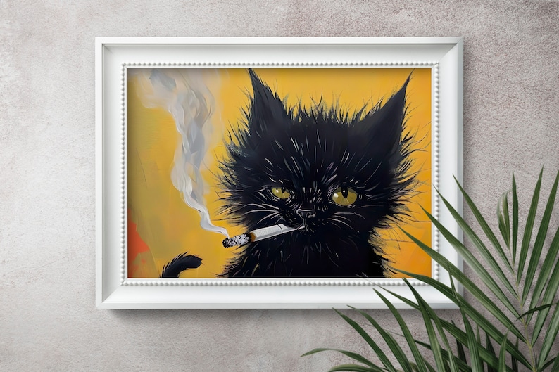 Black Cat Painting, Cat Smoking a Cigarette, Cat Wall Art, Cat Print ...