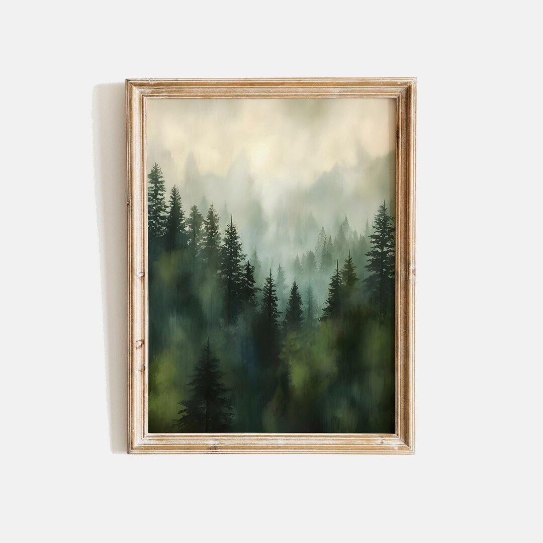 Vintage Wald Print, bewölkter Wald Gemälde, rustikale Baum Wandkunst ...