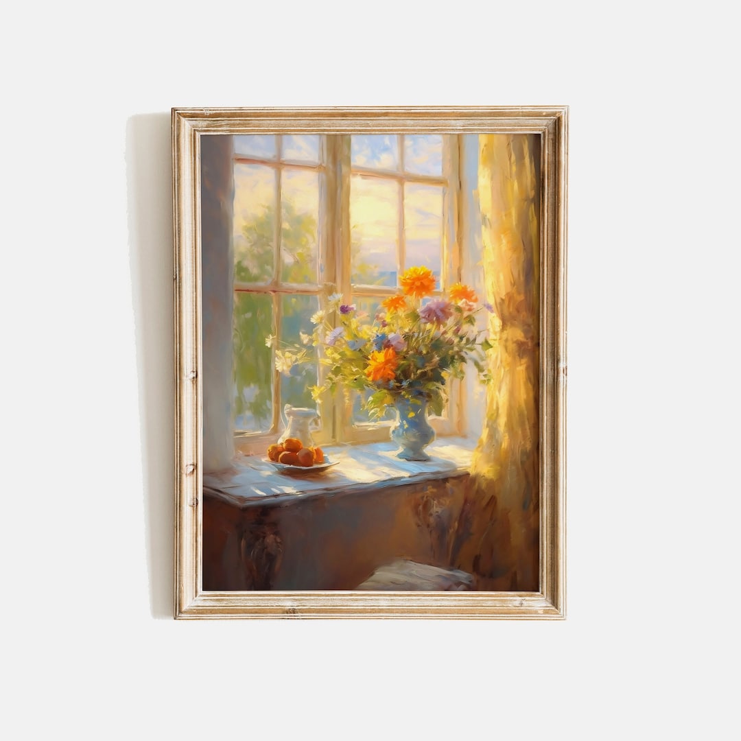 Flowers by the Window Painting, Vintage Interior Painting, Still Life ...