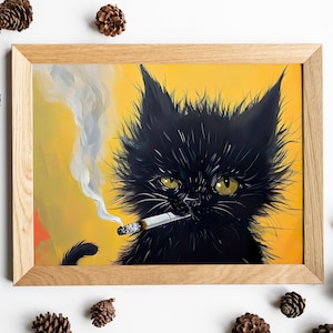 Black Cat Painting, Cat Smoking a Cigarette, Cat Wall Art, Cat Print ...
