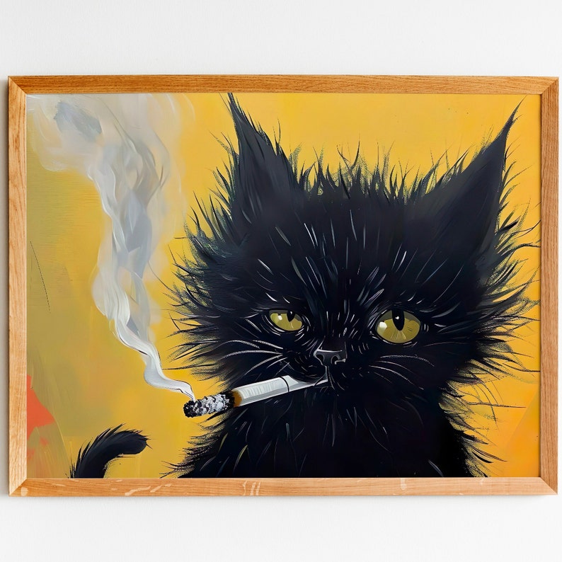 Black Cat Painting, Cat Smoking a Cigarette, Cat Wall Art, Cat Print ...