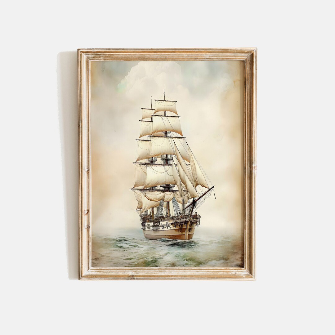 Vintage Old Ship Print, Nautical Ship Painting, Muted Coastal Decor ...