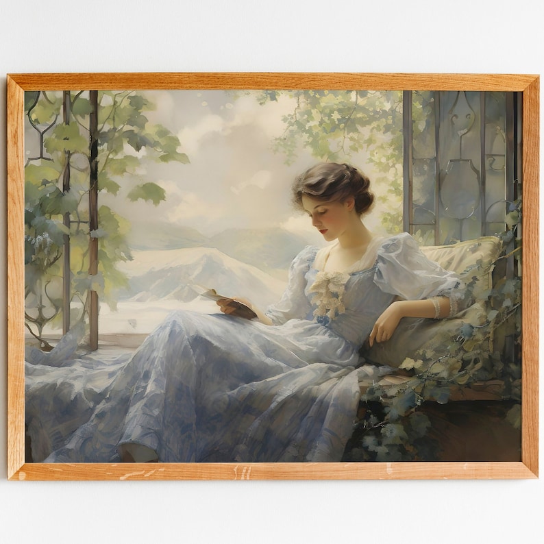 Antique Lady Reading Painting, Woman Reading Print, Woman in A Blue ...