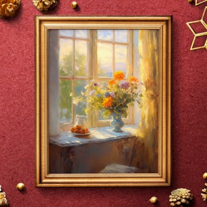 Flowers by the Window Painting, Vintage Interior Painting, Still Life ...