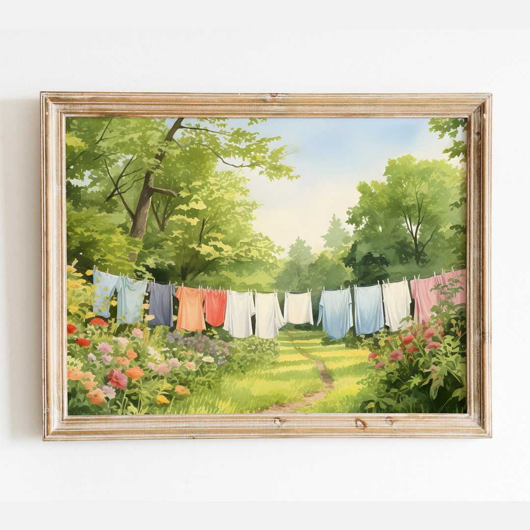 Laundry Line Oil Painting, Laundry Room Wall Art, Clothesline Laundry ...