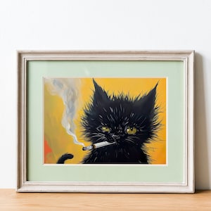 Black Cat Painting, Cat Smoking a Cigarette, Cat Wall Art, Cat Print ...