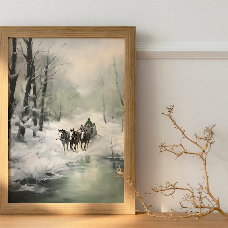 Winter Sleigh Ride Painting Rustic Snowy Winter Forest Art - Etsy