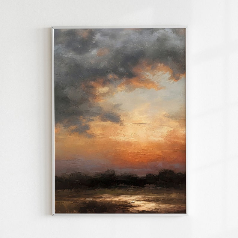 Vintage Sunset Oil Painting Print, Colorful Clouds, Landscape (digital ...