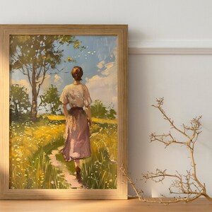 Woman Walking in A Meadow Painting, Spring Landscape Print, Wildflower ...