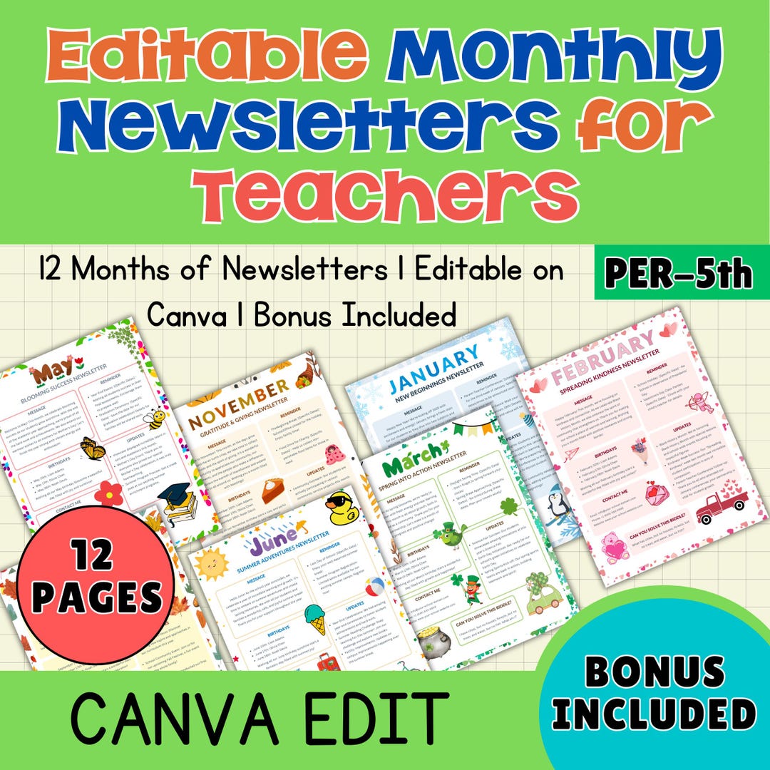 Editable Monthly Newsletter Templates for Teachers | 12 Seasonal Themes ...