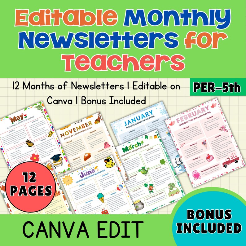 Editable Monthly Newsletter Templates for Teachers | 12 Seasonal Themes ...