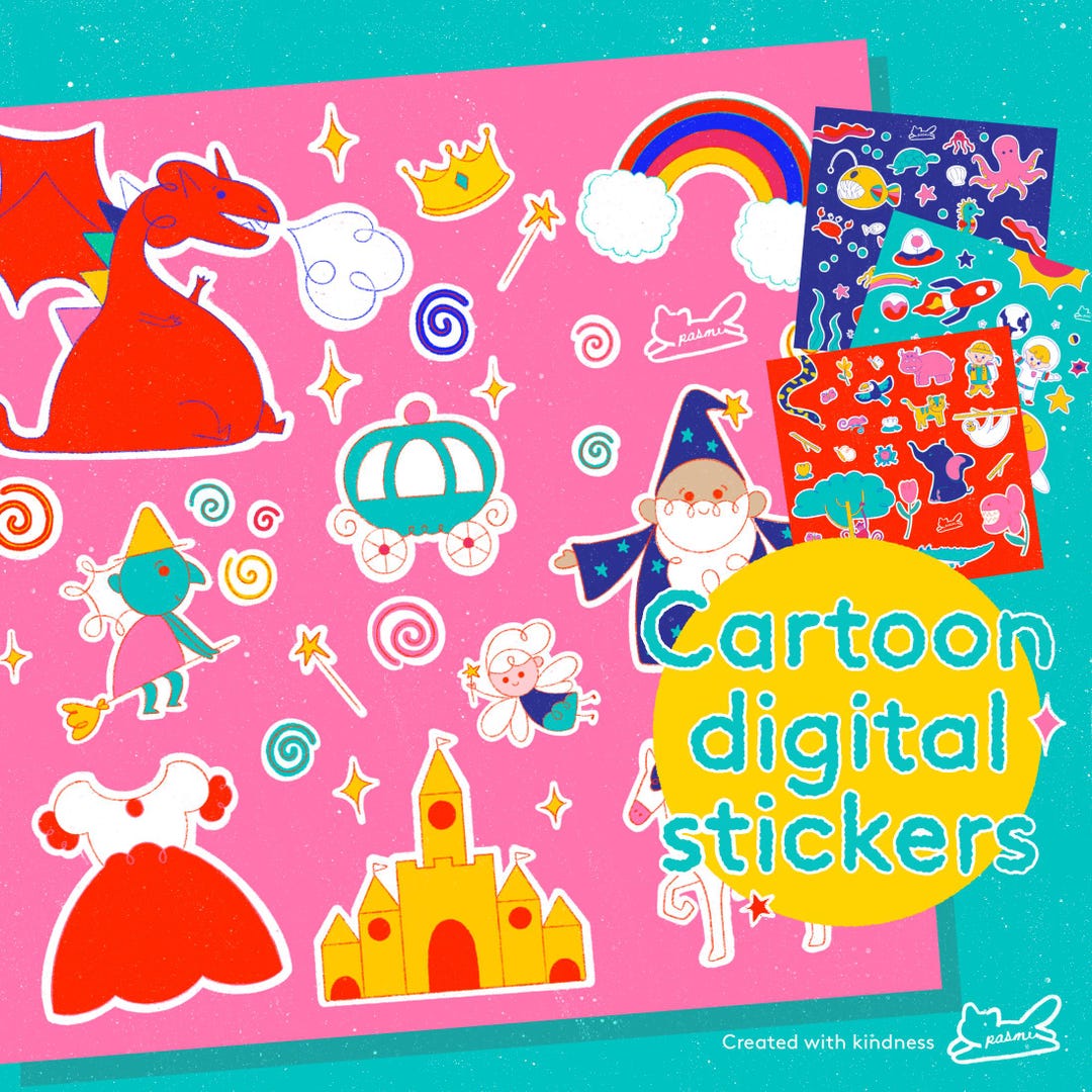 Cartoon Digital Stickers | Cartoon Stickers Bundle | Digital Stickers ...