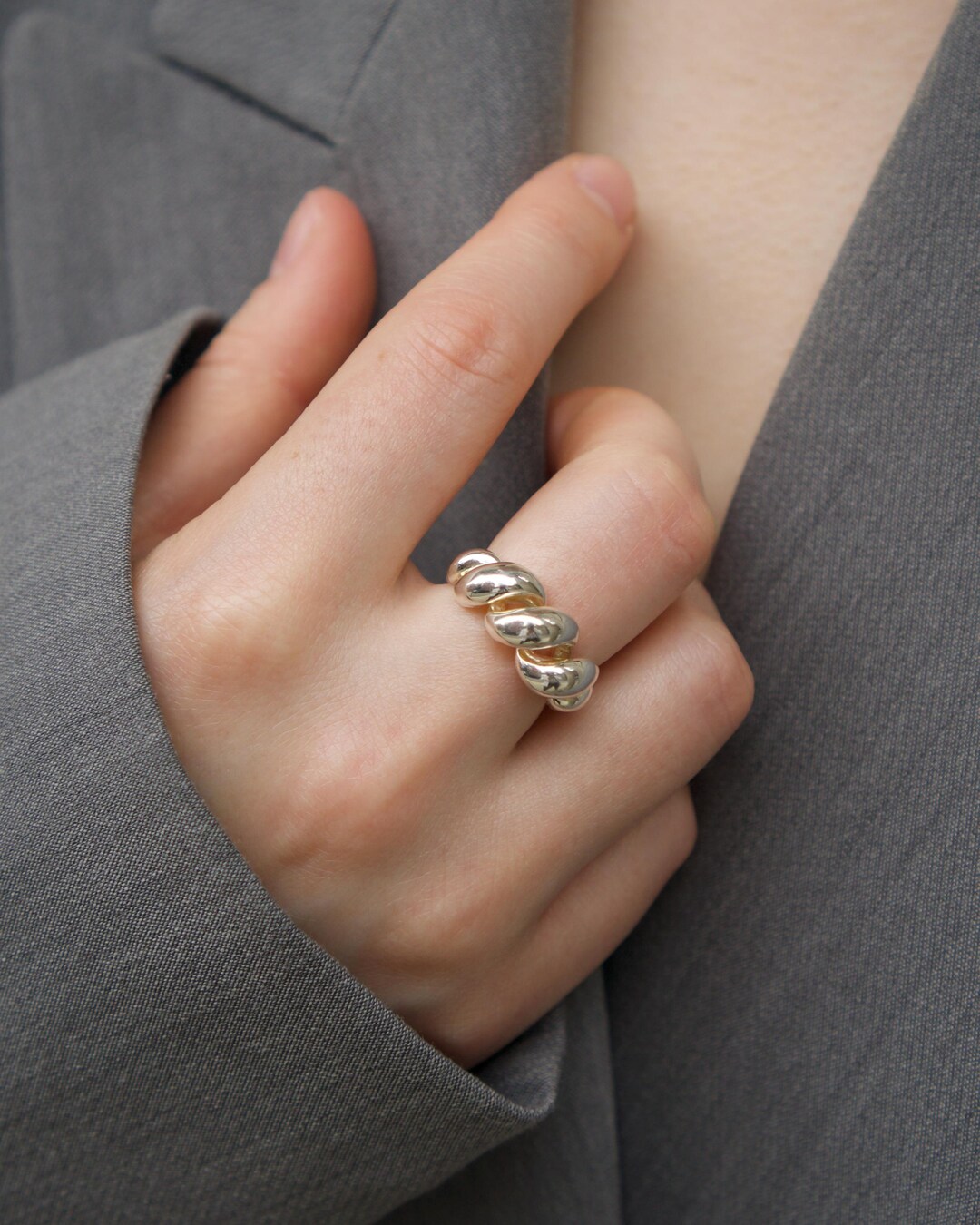 Trendy Croissant Ring Sterling Silver Adjustable Size Braided Twisted ...
