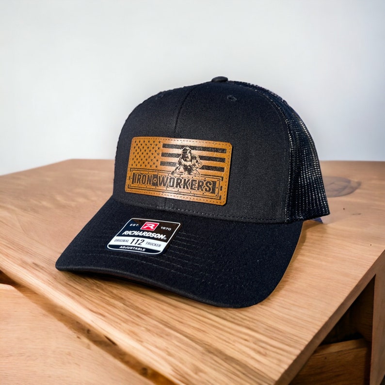American Flag Iron Workers Leather Patch Hat - Etsy