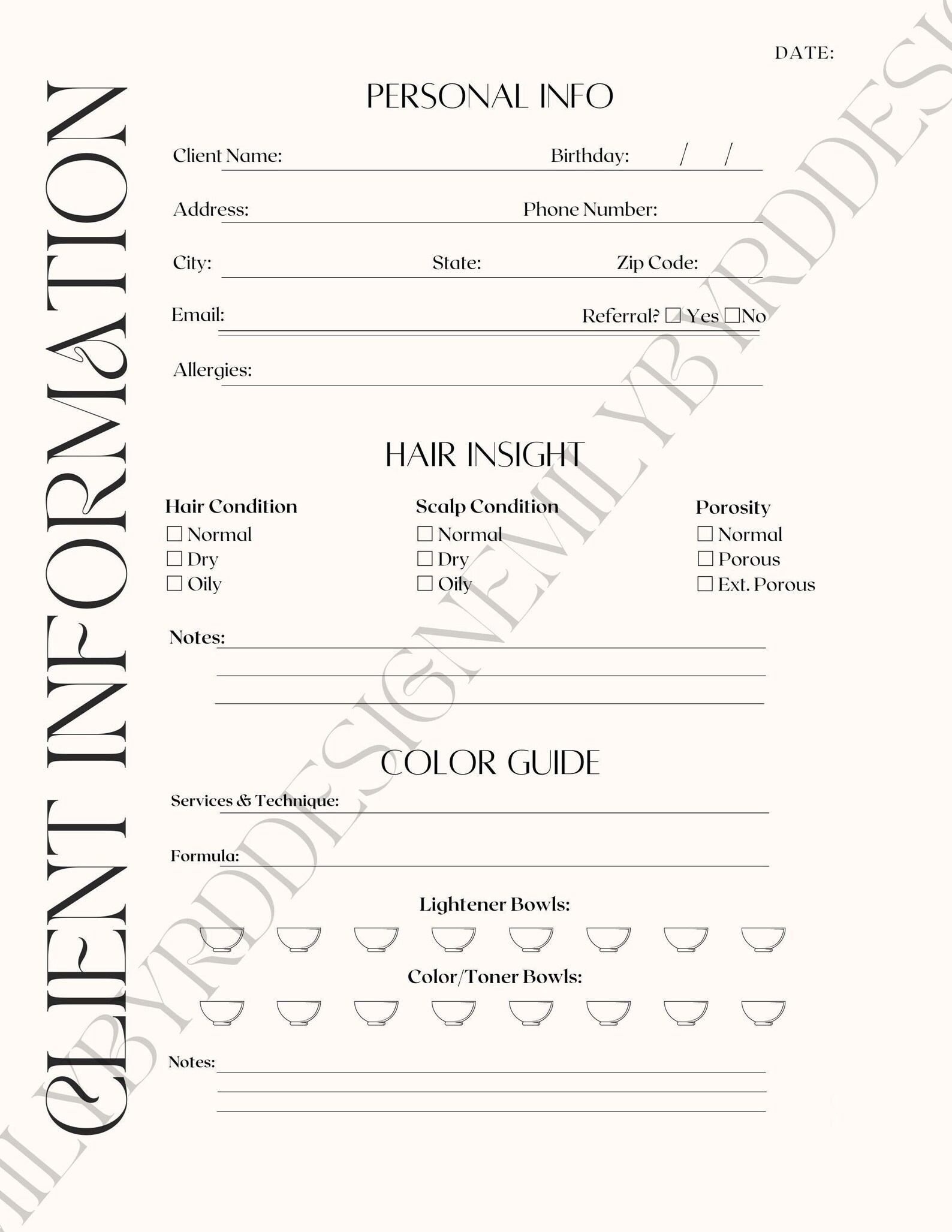 Hairstylist Client Intake Form-- Client Record Keeper/ Digital File ...