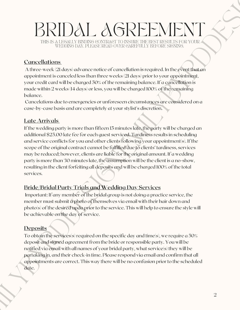Hairstylist Contract for Bridal Styling/ Bridal Contract/ Hairstylist ...