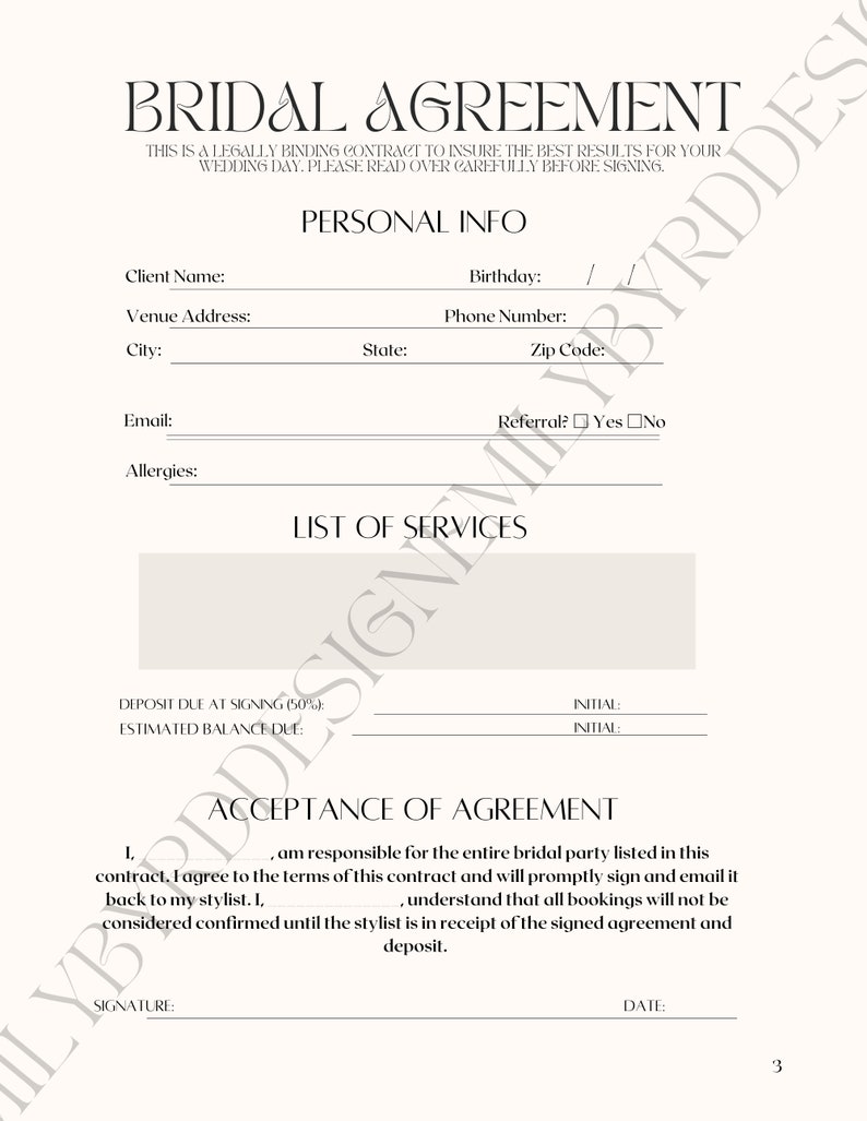 Hairstylist Contract for Bridal Styling/ Bridal Contract/ Hairstylist ...