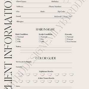 Hairstylist Client Intake Form-- Client Record Keeper/ Digital File ...