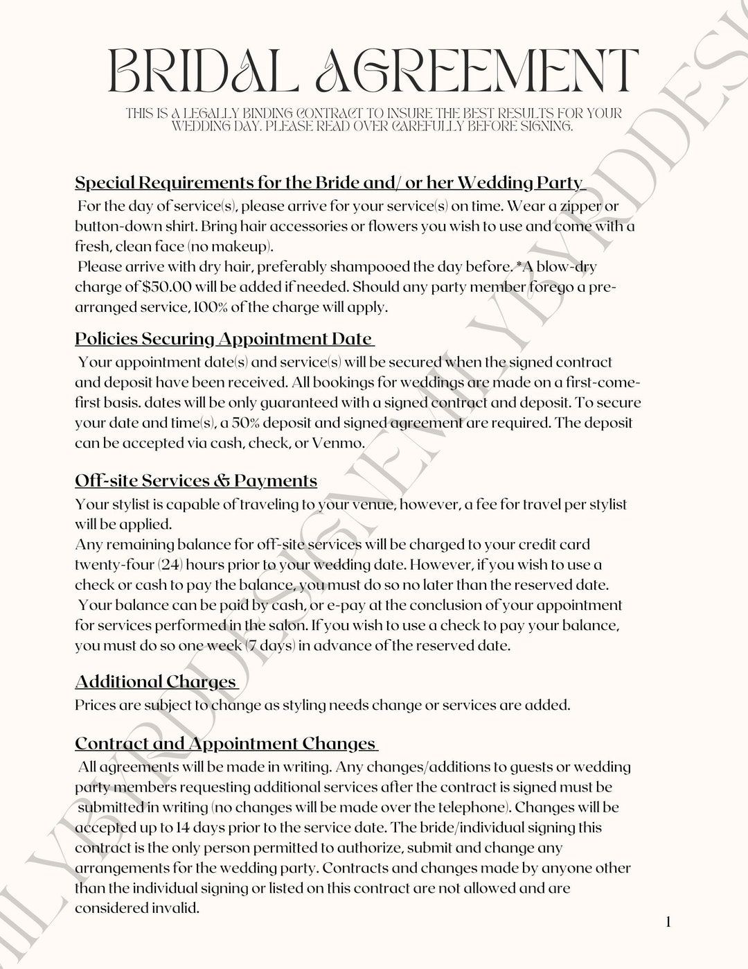 Hairstylist Contract for Bridal Styling/ Bridal Contract/ Hairstylist ...