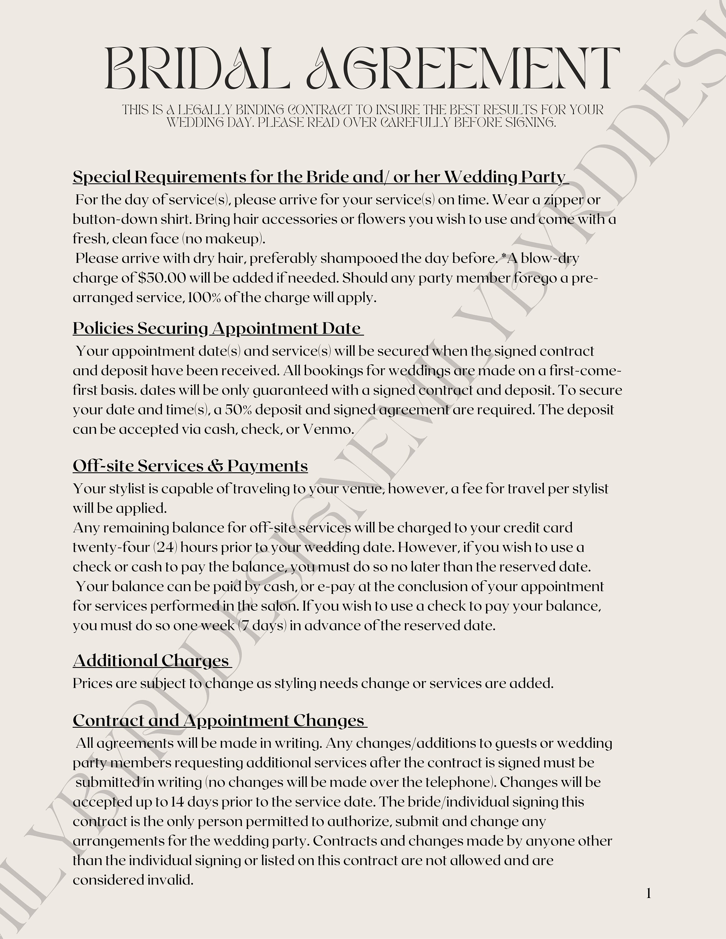 Hairstylist Contract for Bridal Styling/ Bridal Contract/ Hairstylist ...