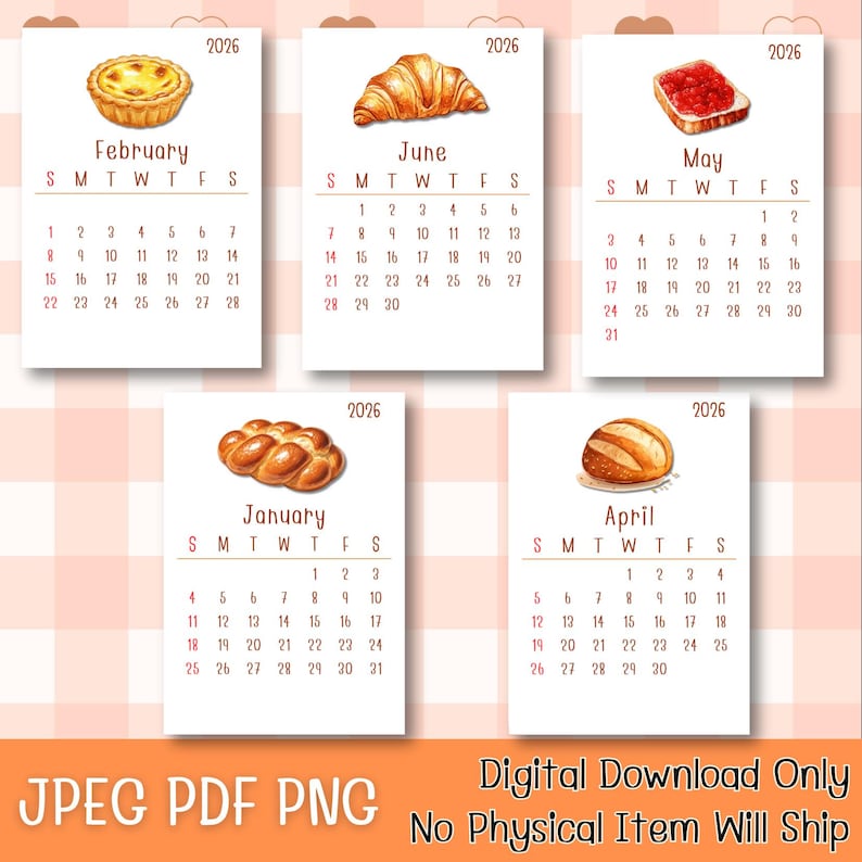 Mini Calendar 2026 Printable, Cute Bread and Pastry Desk Calendar ...