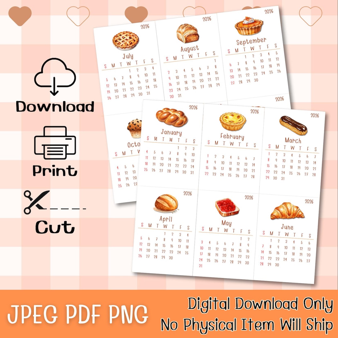 Mini Calendar 2026 Printable, Cute Bread and Pastry Desk Calendar ...
