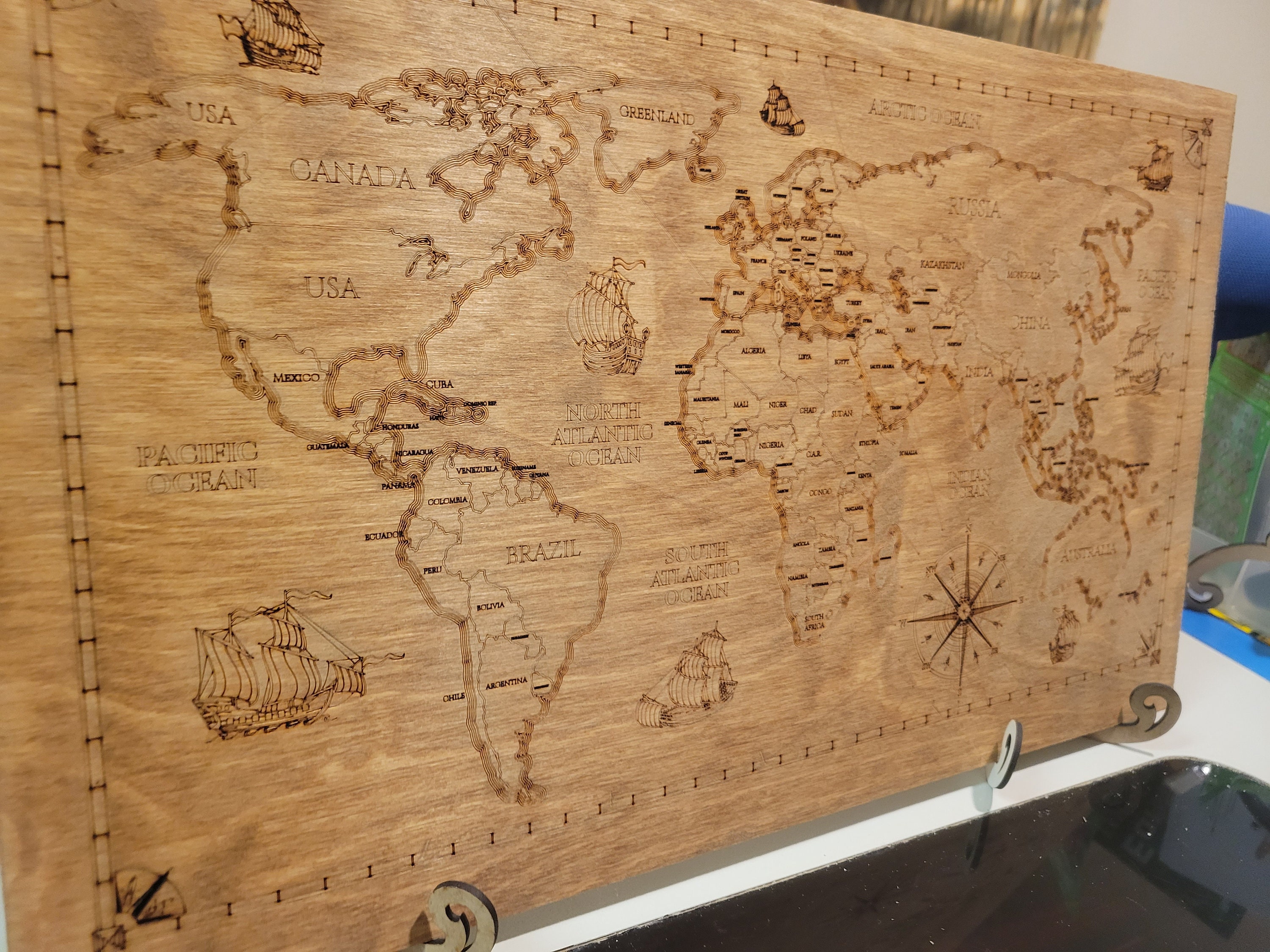WORLD MAP Laser Engraved and Stained 20 by 12 on 1/8 Plywood Listing ...