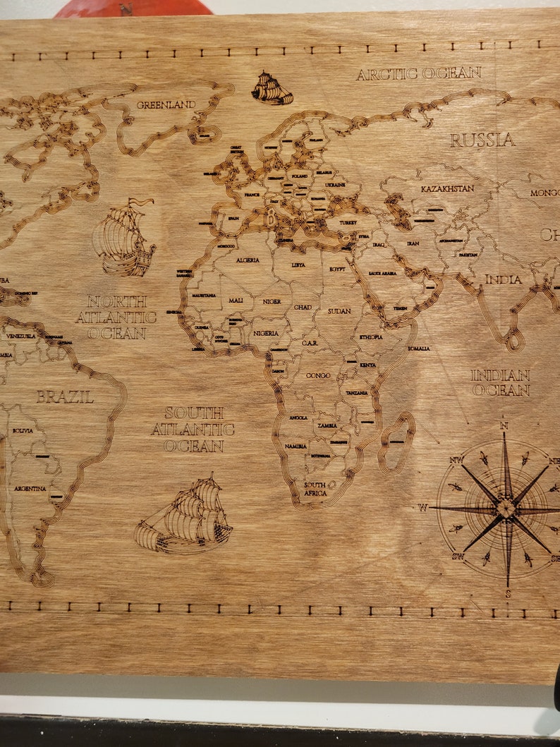 WORLD MAP Laser Engraved and Stained 20 by 12 on 1/8 Plywood Listing ...