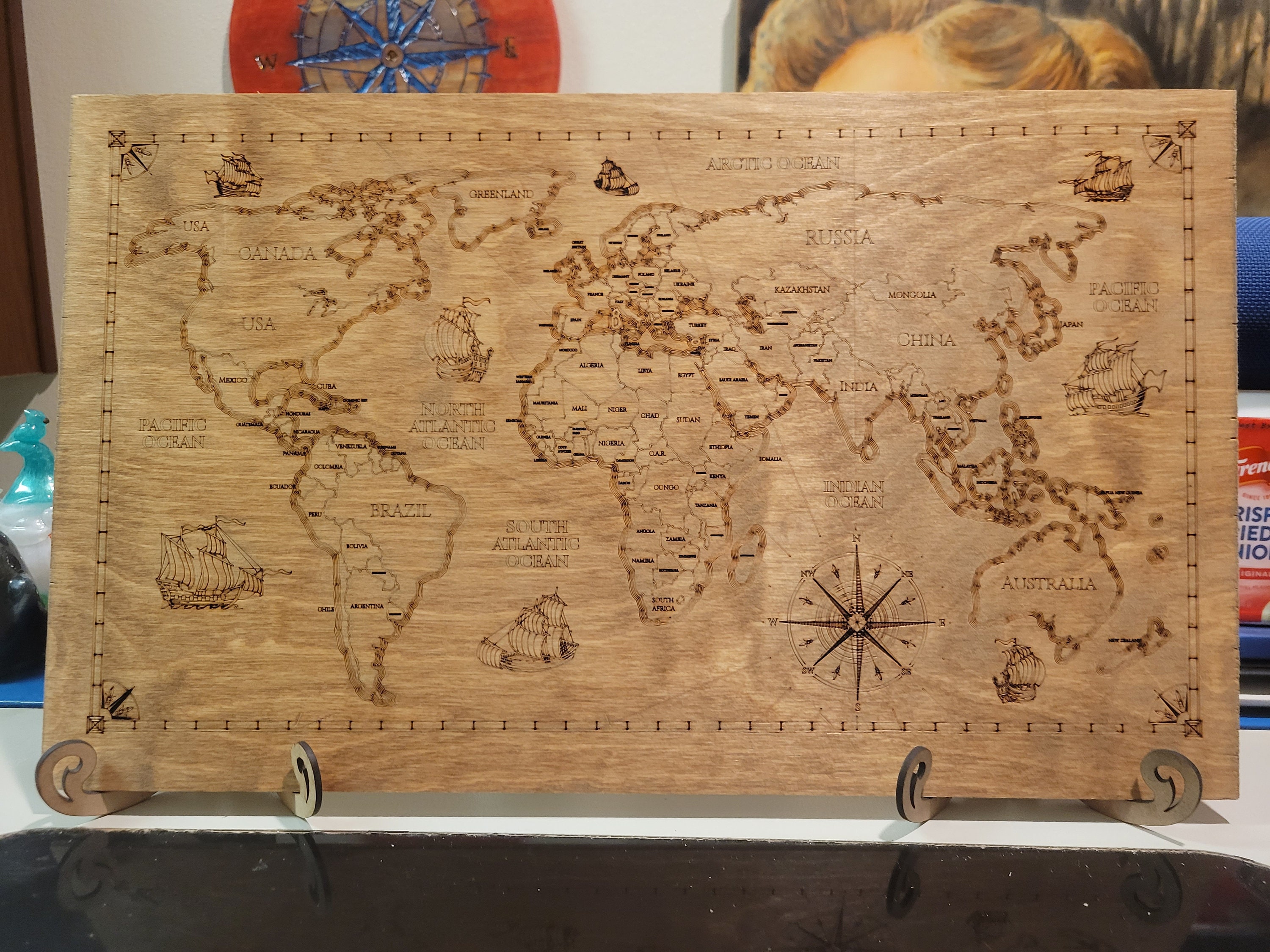 WORLD MAP Laser Engraved and Stained 20 by 12 on 1/8 Plywood Listing ...