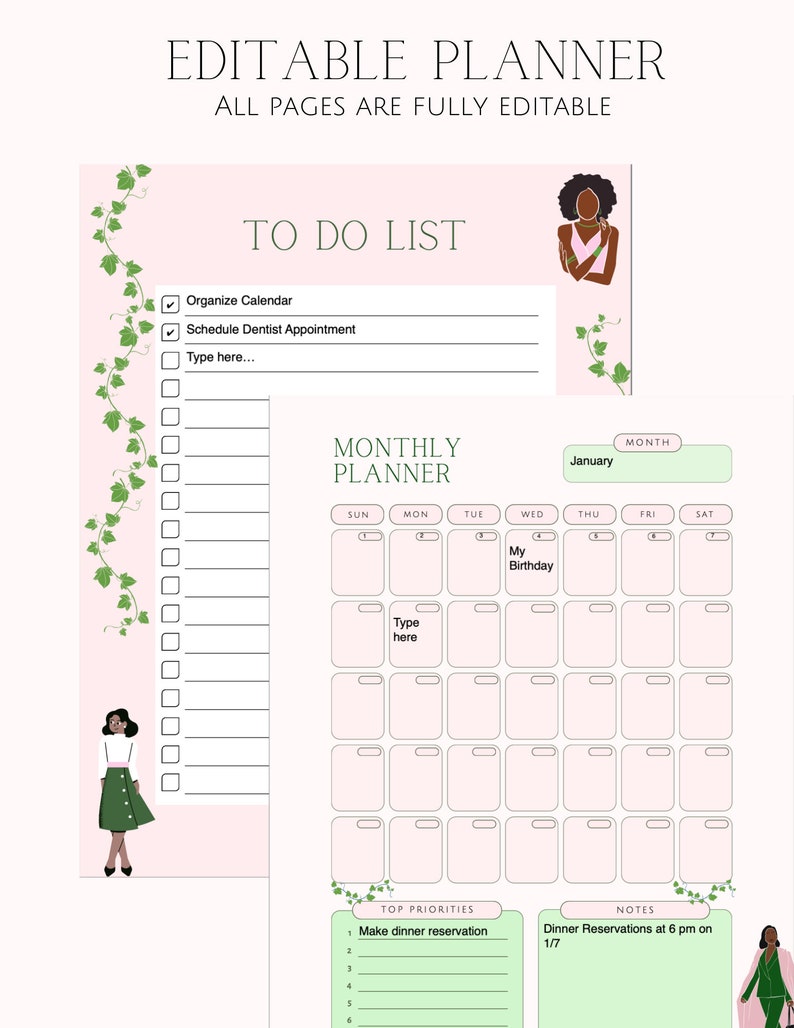 Pink and Green Digital Planner, Editable Planner, Student Planner ...