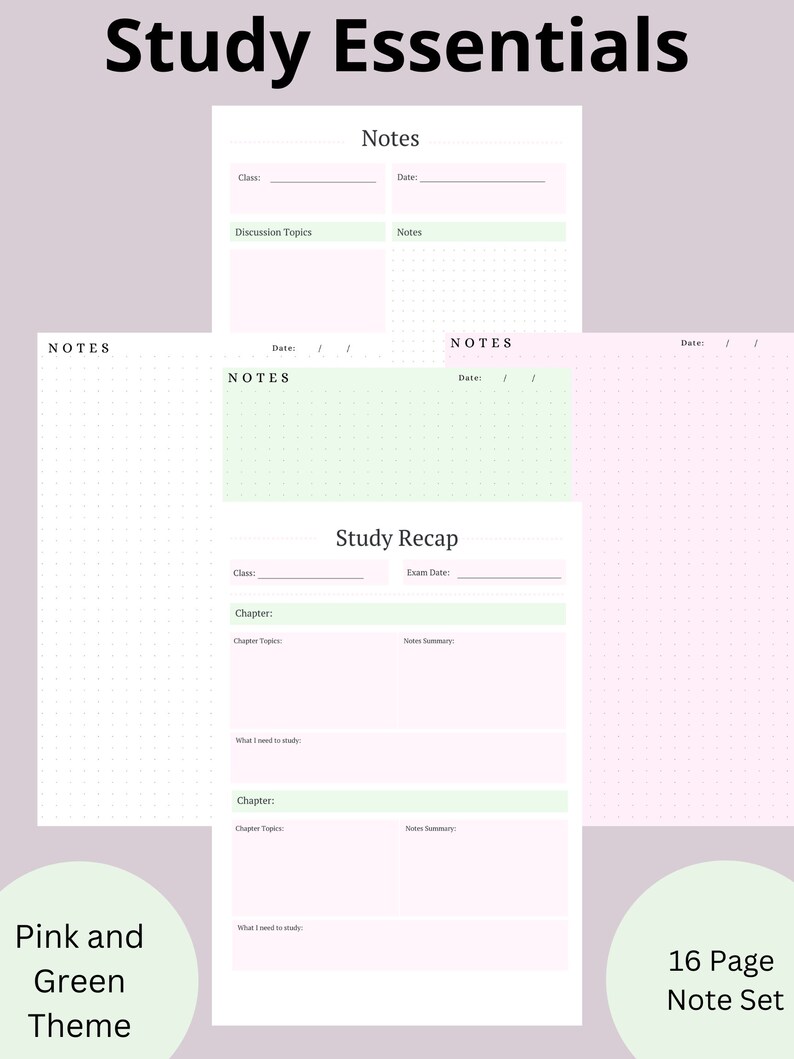 Pink and Green Notes, Study Notes, Back to School Notes, Study Template ...