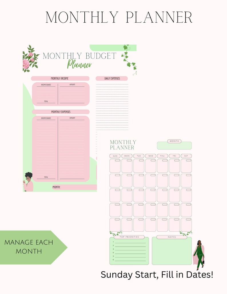 Pink and Green Digital Planner, Editable Planner, Student Planner ...