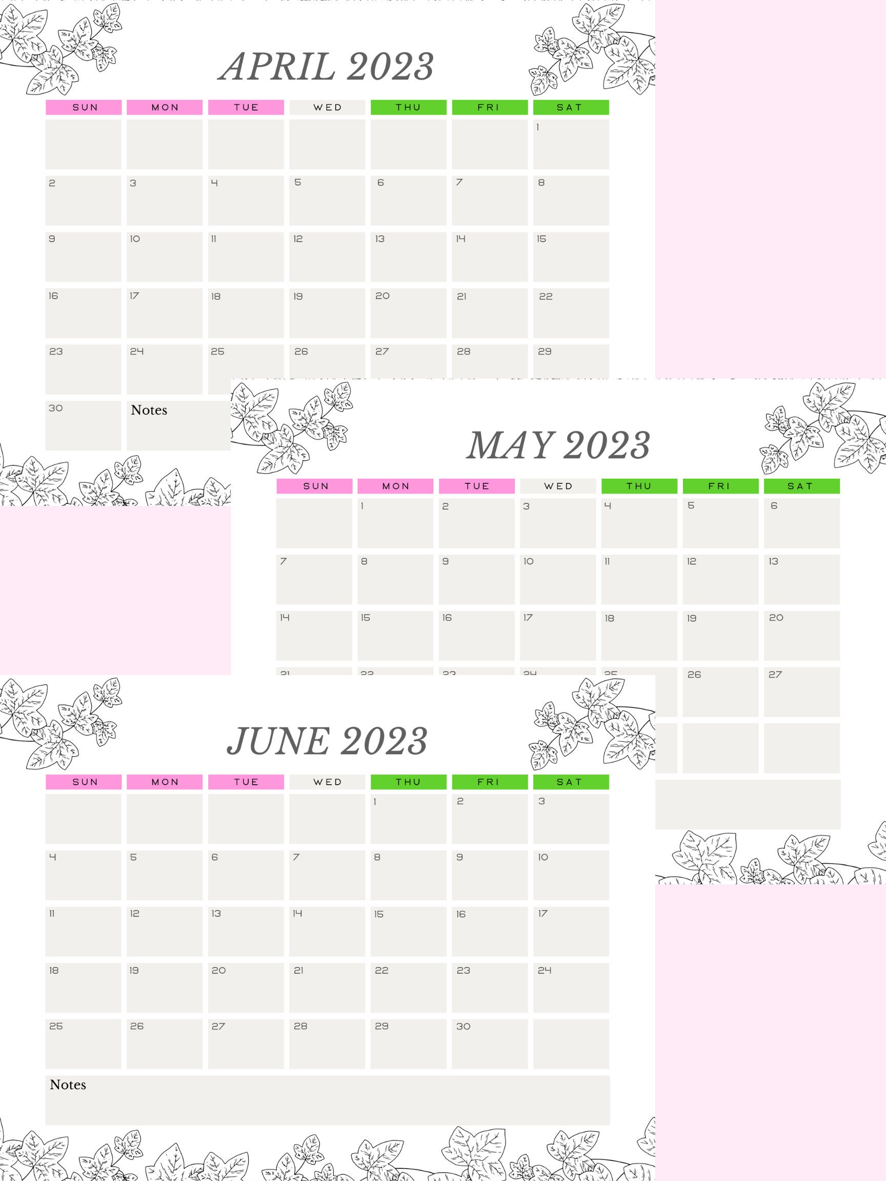 2023 Calendar, Editable Calendar, Professional Calendar, Pink and Green ...
