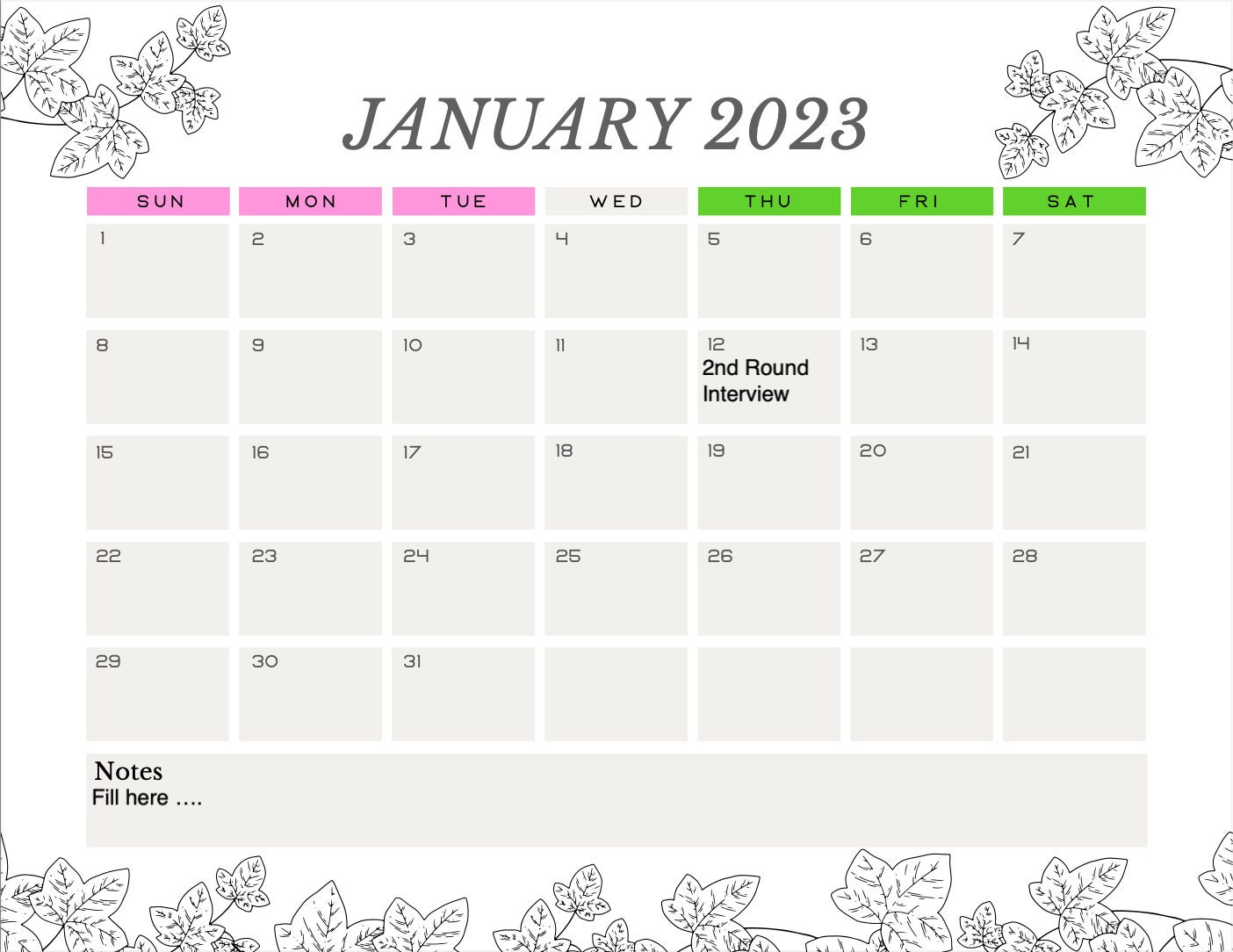 2023 Calendar, Editable Calendar, Professional Calendar, Pink and Green ...