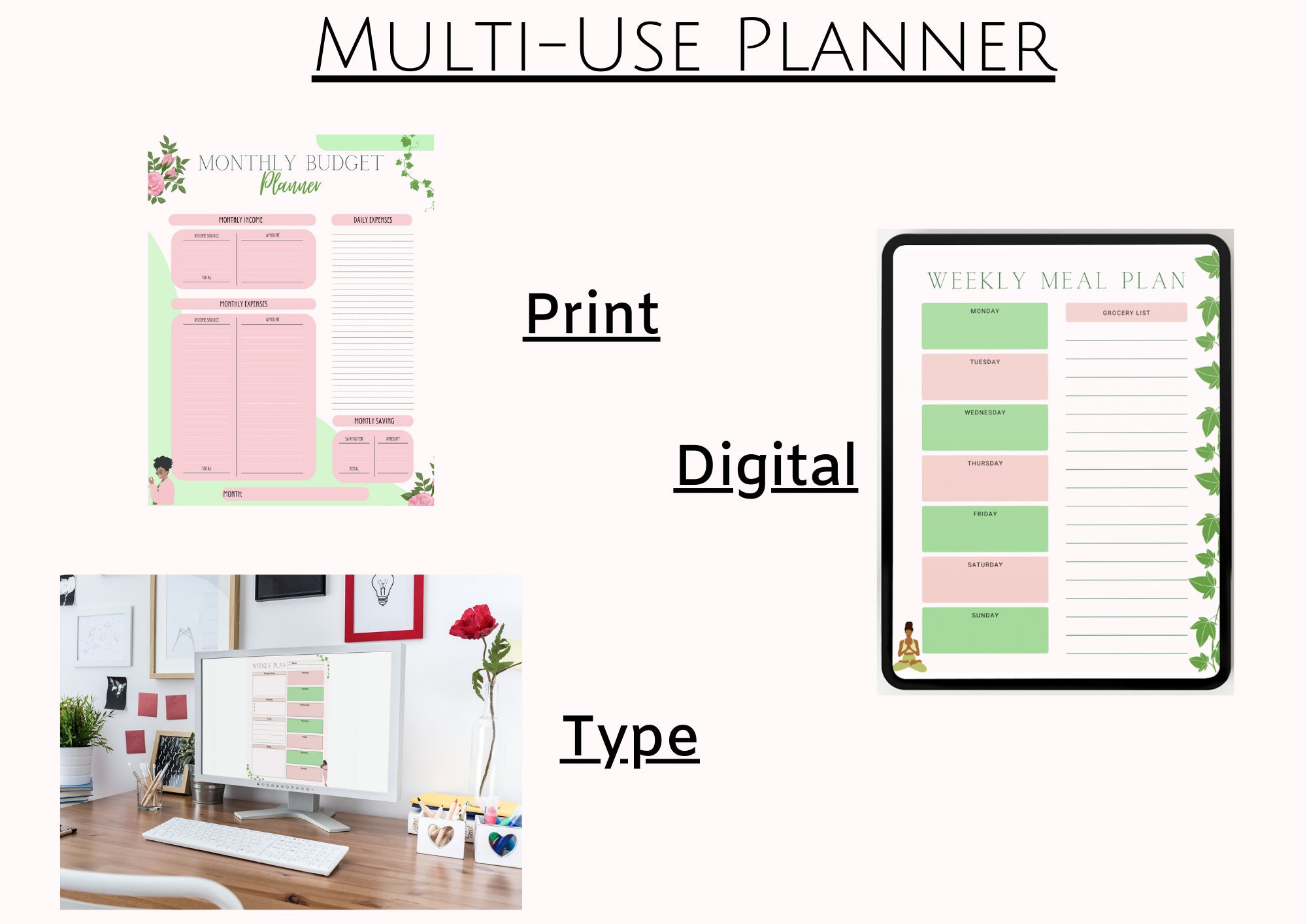 Pink and Green Digital Planner, Editable Planner, Student Planner ...