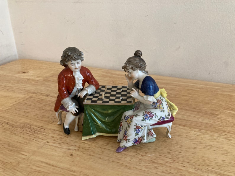 Antique 18th Century Porcelain German Figurine Couple Playing Chess ...
