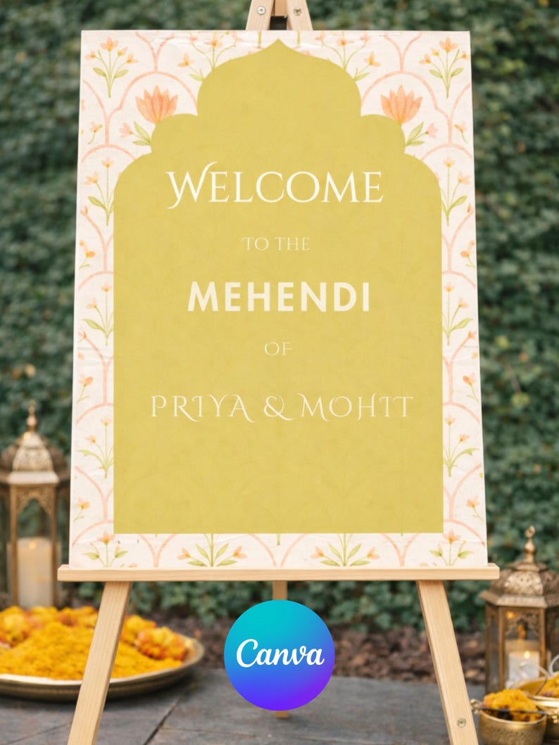 Pastel Mehendi Welcome Sign Template | Green & Pink Floral Indian ...