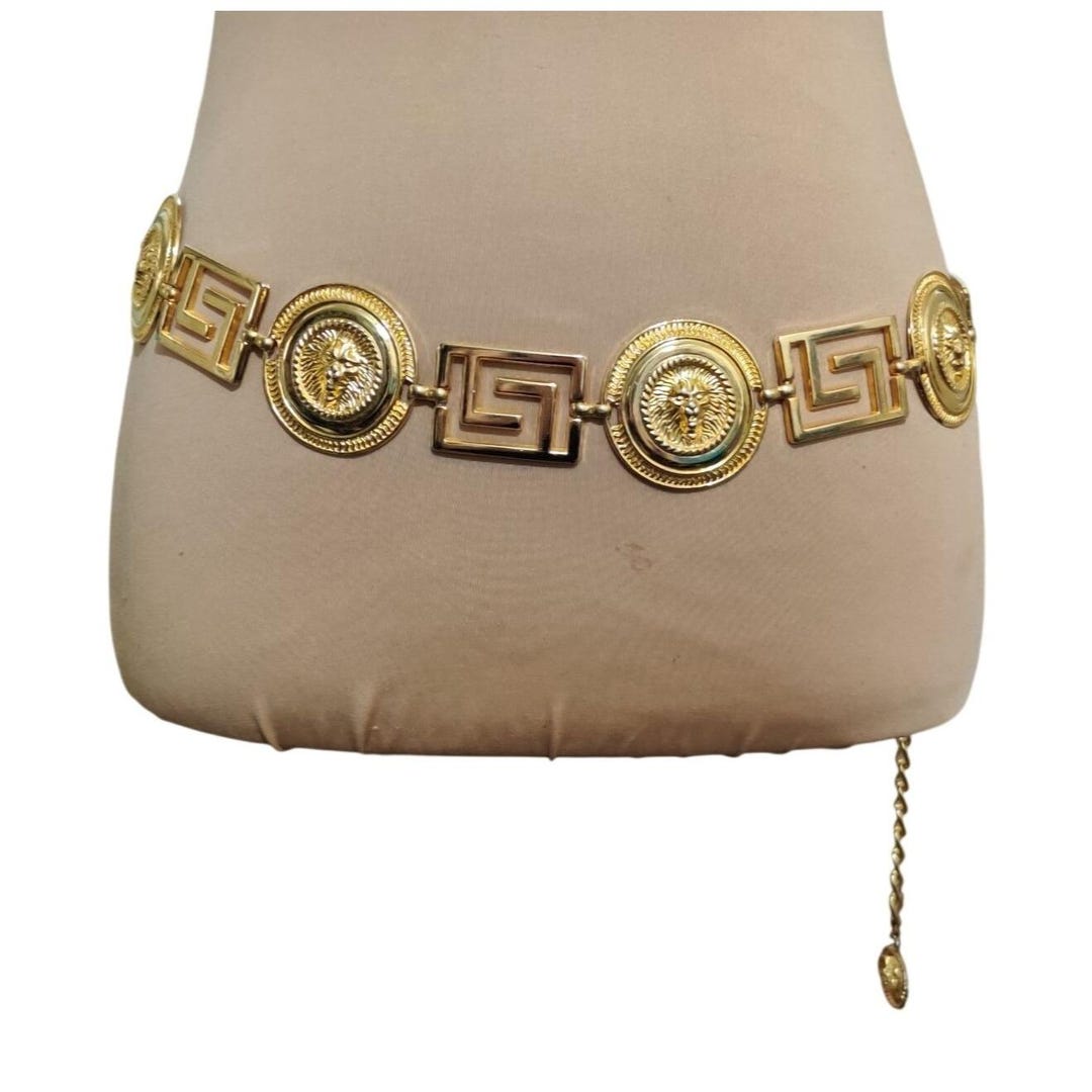 Vintage Gold Tone Lion Head Chain Statement Belt Greek Key Chunky Glam ...