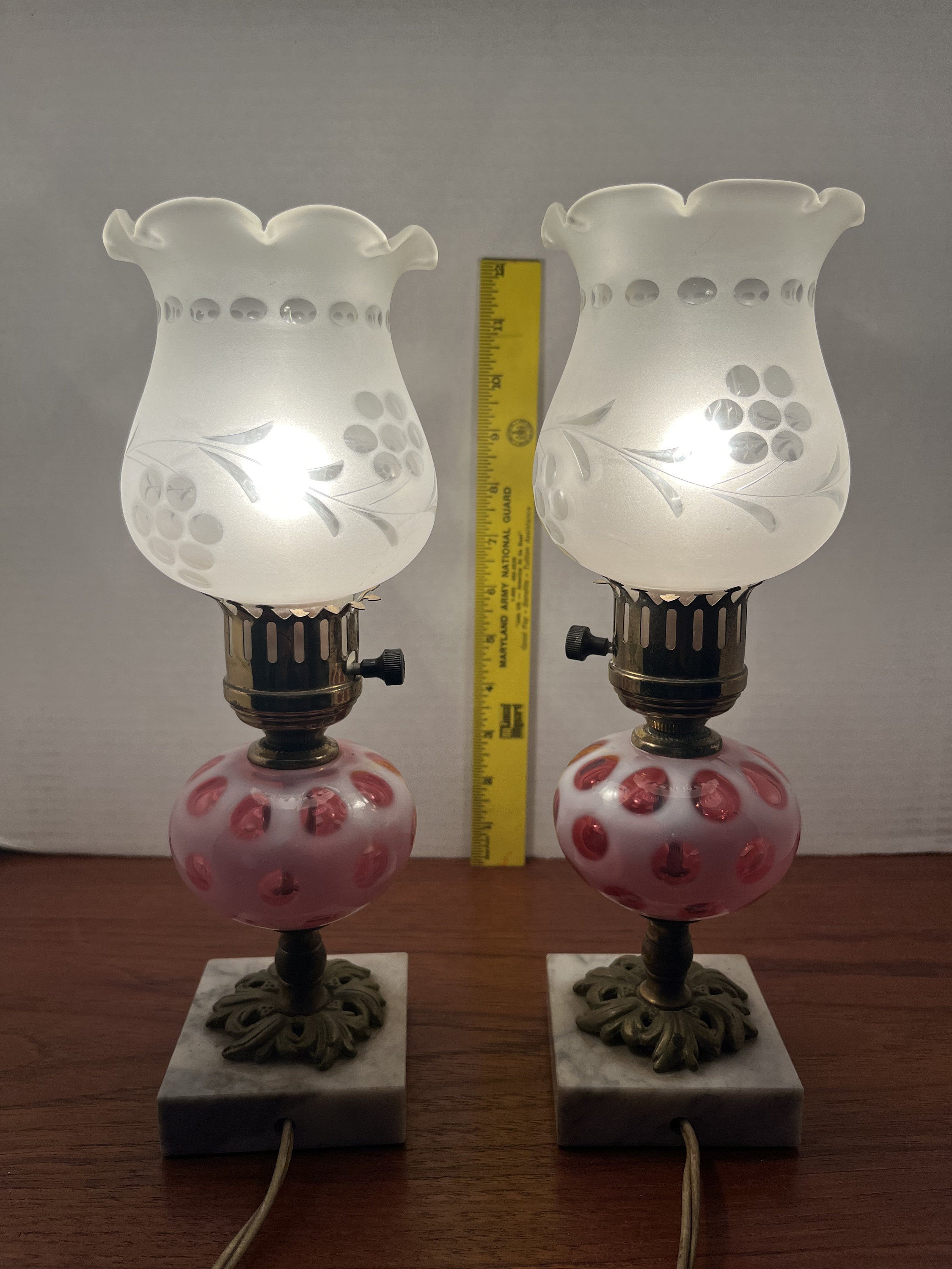 Fenton VTG Cranberry Pink Coin Dot Marble Base Electrical Lamps set of ...