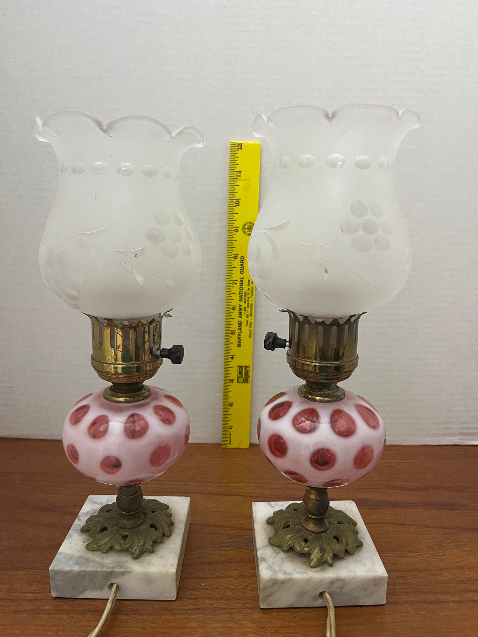 Fenton VTG Cranberry Pink Coin Dot Marble Base Electrical Lamps set of ...