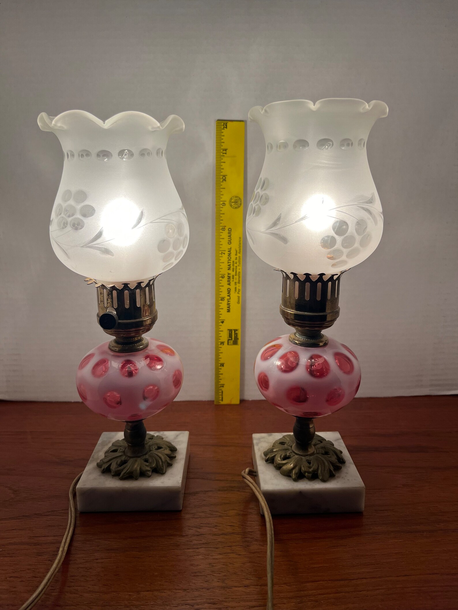 Fenton VTG Cranberry Pink Coin Dot Marble Base Electrical Lamps set of ...