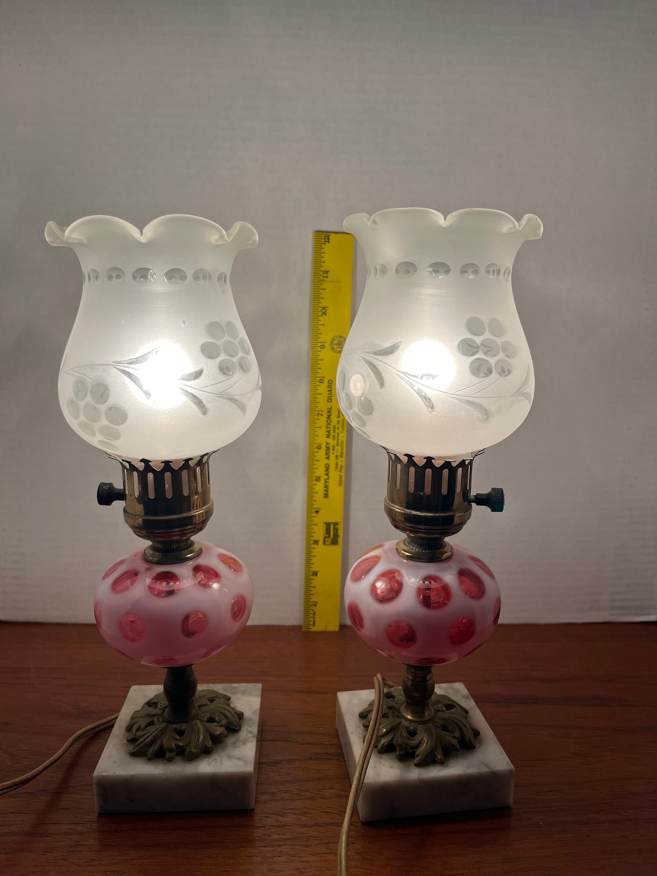 Fenton VTG Cranberry Pink Coin Dot Marble Base Electrical Lamps set of ...